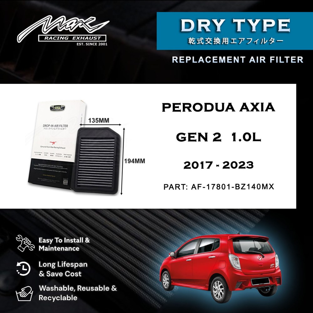 17801-BZ140MX Performance Drop-in Air Filter for Perodua Axia Gen 2 ...